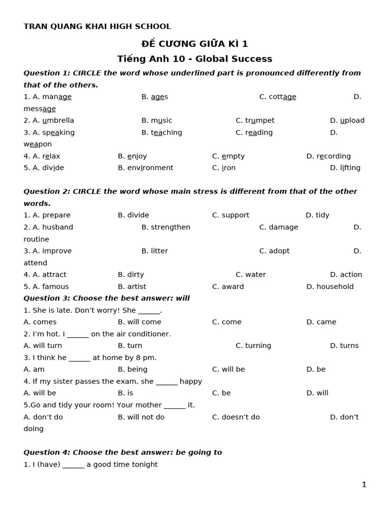 Đề Cương 10 Gk1 Global Student Nh 2023 2024 | PDF