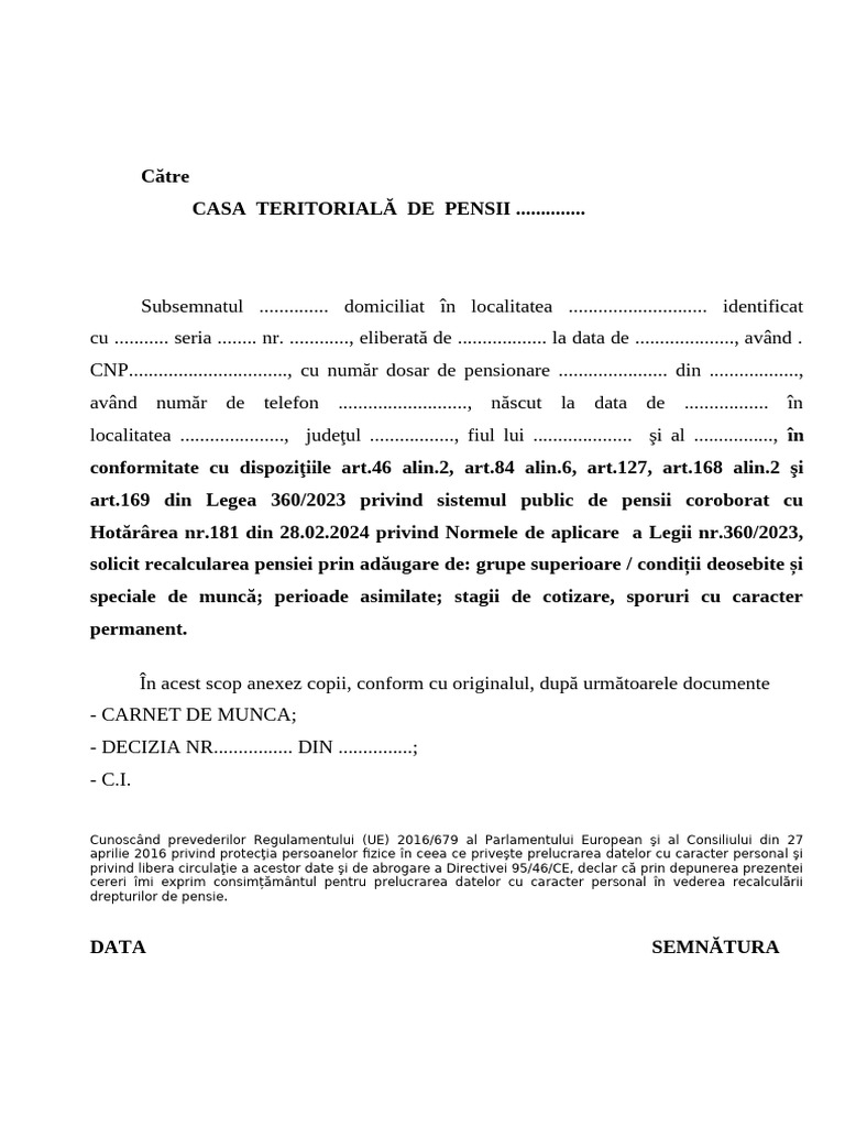 model Cerere privind recalcularea pensiei | PDF