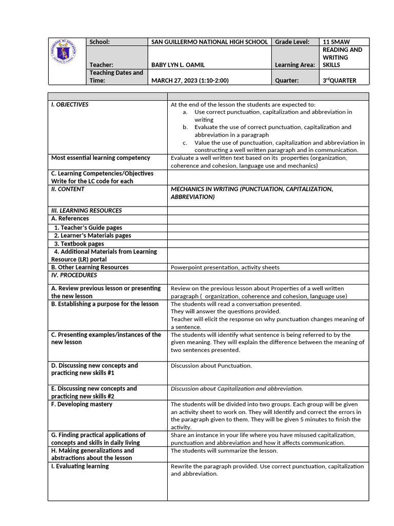 DLP Reading and Writing Observation | PDF