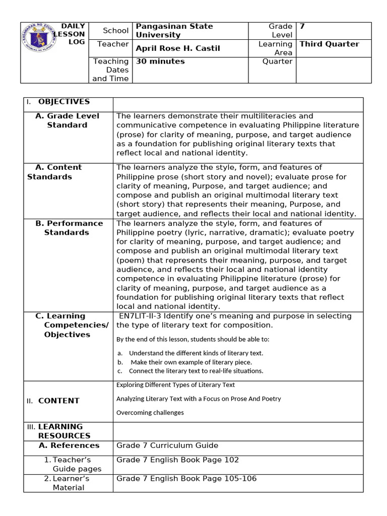 DLP Template 1 | PDF | Poetry | Lesson Plan