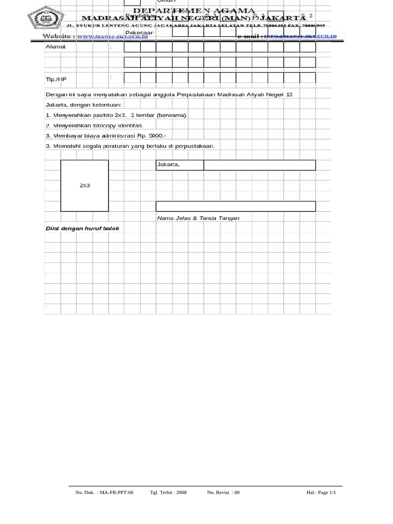 Contoh Format Formulir Keanggotaan Pustaka - Administrasi Perpustakaan ...