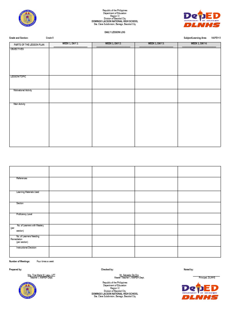 Grade 8 MAPEH Daily Lesson Log | PDF | Lesson Plan | Teachers