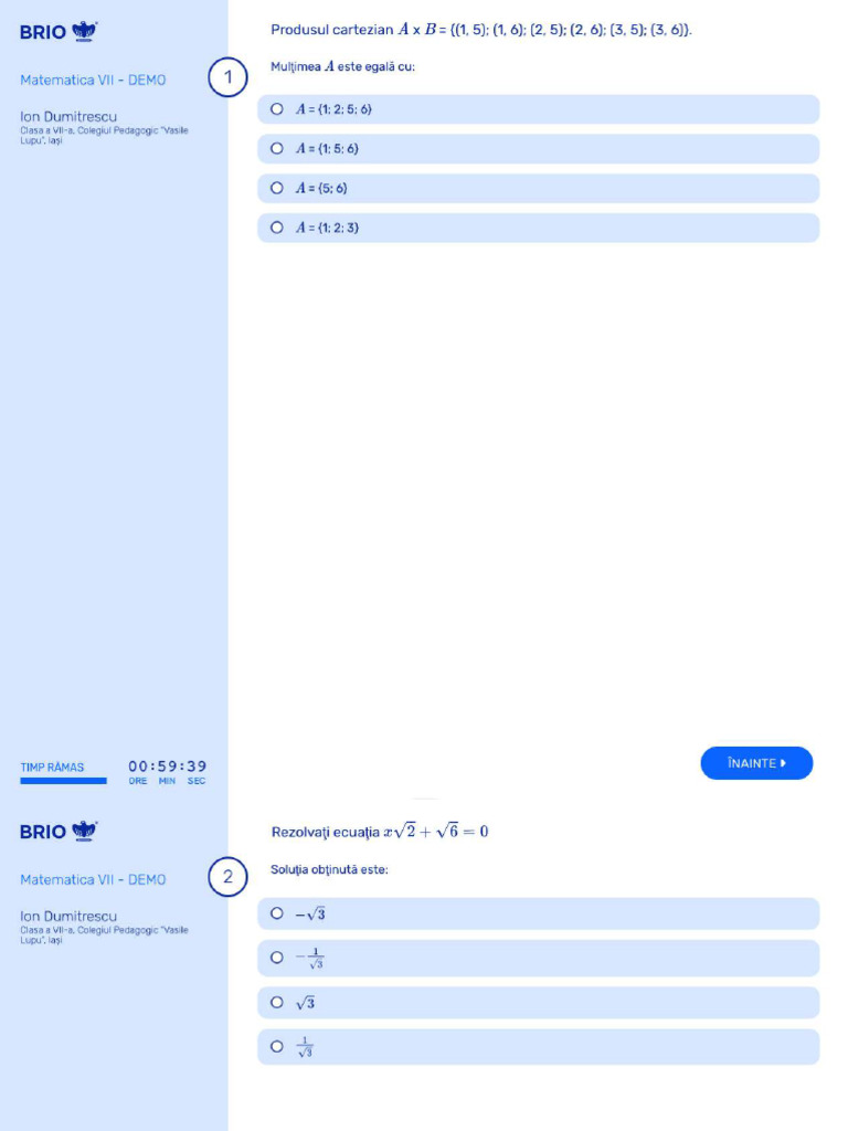 Test Demo Brio Matematica Clasa A VII A | PDF