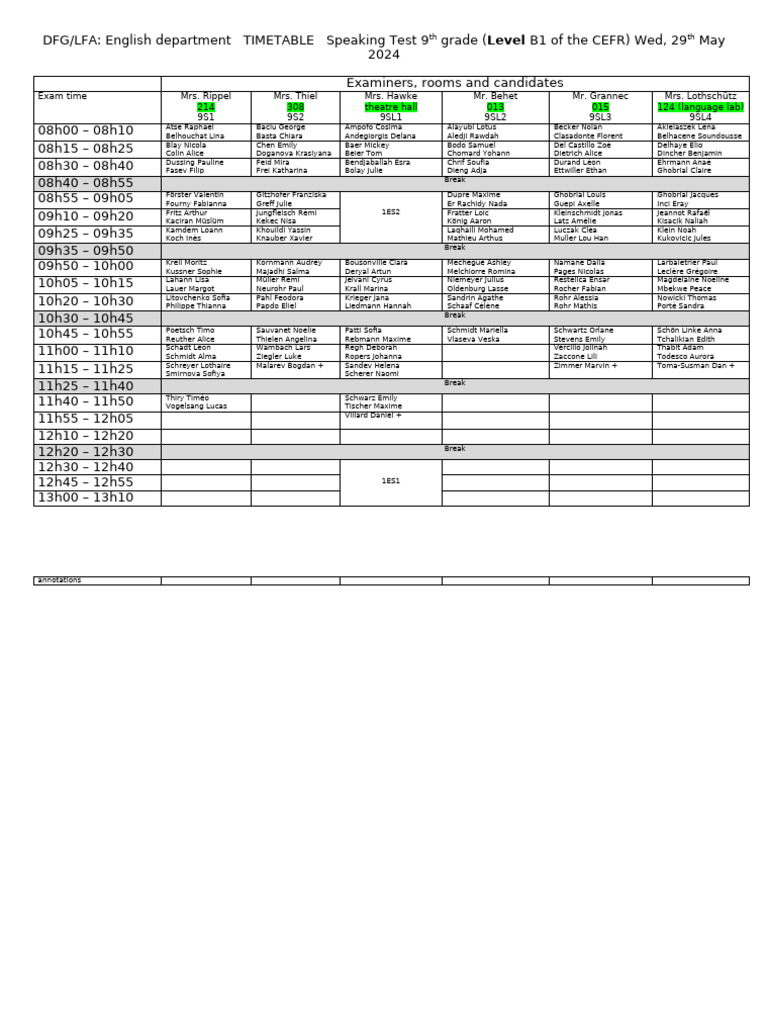 En Oral B1 Exam 2024 Timetable | PDF