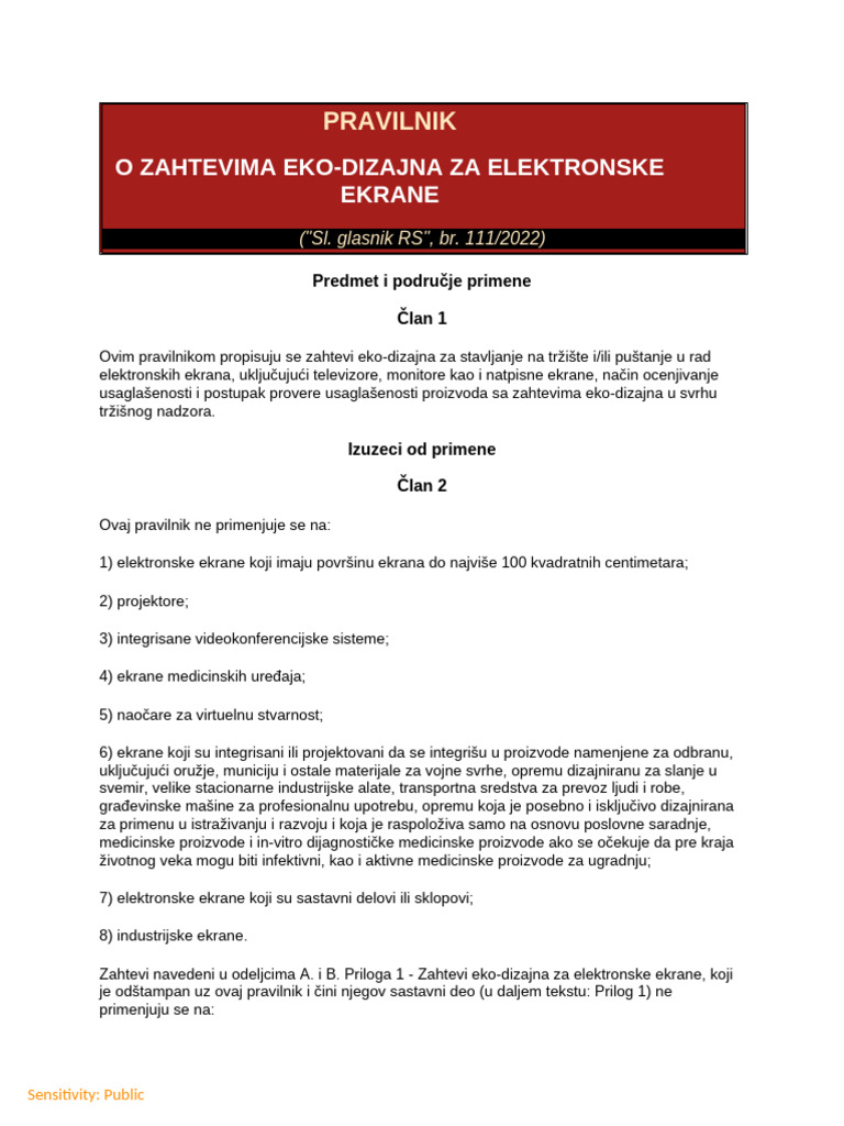 Pravilnik o Zahtevima Eko-Dizajna Za Elektronske Ekrane | PDF