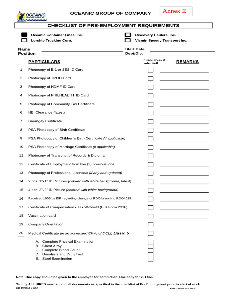 Pre Employment Checklist Requirement (UPDATED)07122024 | PDF