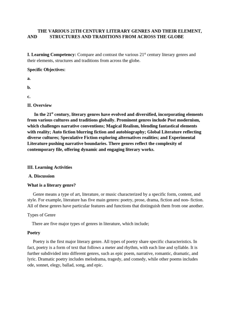 The Various 21TH Century Literary Genres and Their Element | PDF