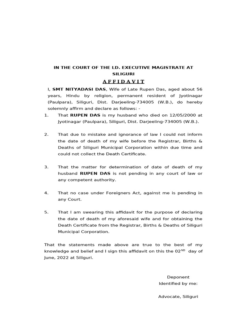 Affidavit - Death - Declaration - SMC - Wife | PDF