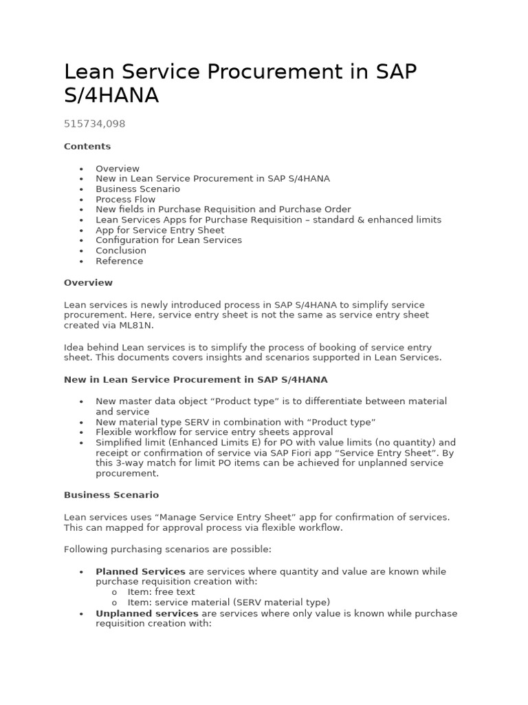 Lean Service Procurement in SAP S4HANA | PDF