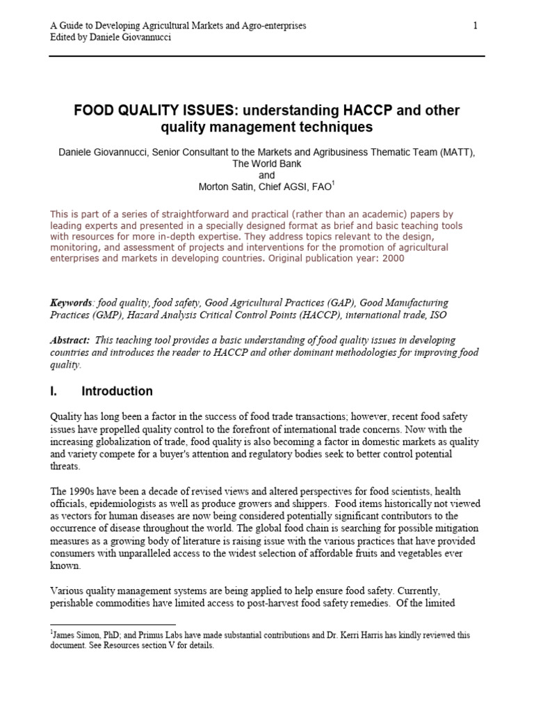 Food Quality Issues-Understanding Haccp and Other Quality Management ...