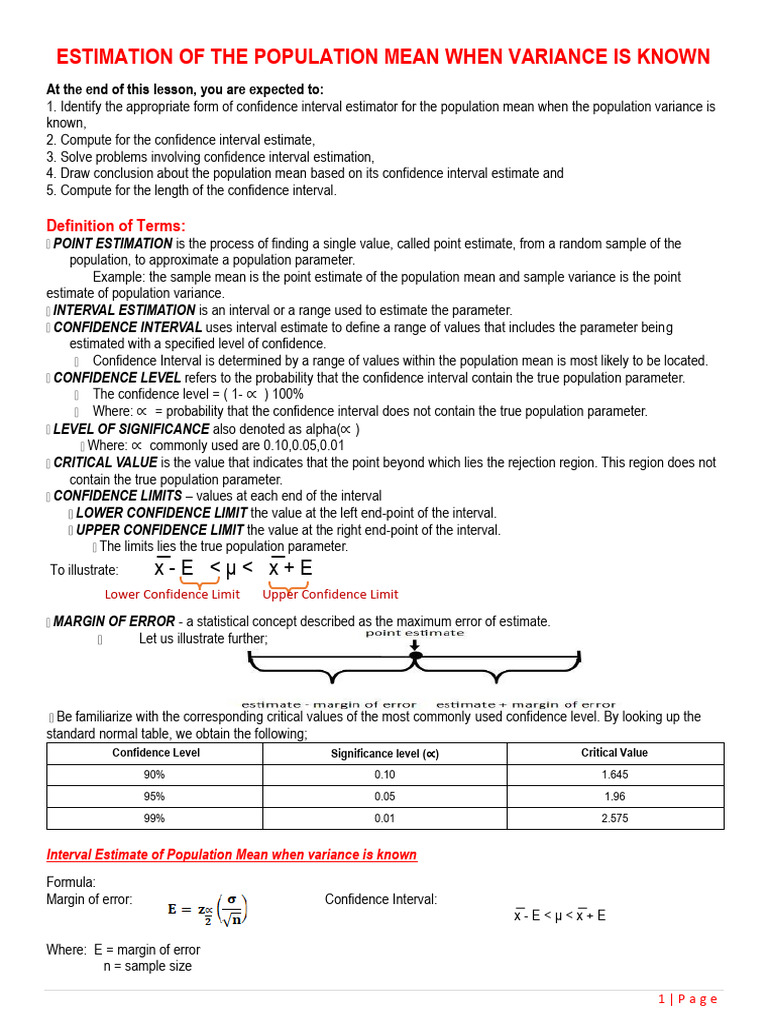 Estimation of The Population Mean When Variance Is Known & Unknown | PDF