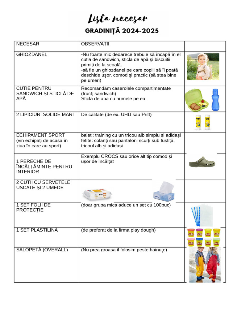 Lista rechizite gradinita 2024^2025 | PDF