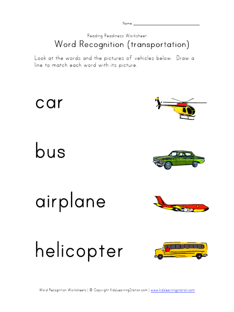 Word Recognition Worksheet Transportation | PDF
