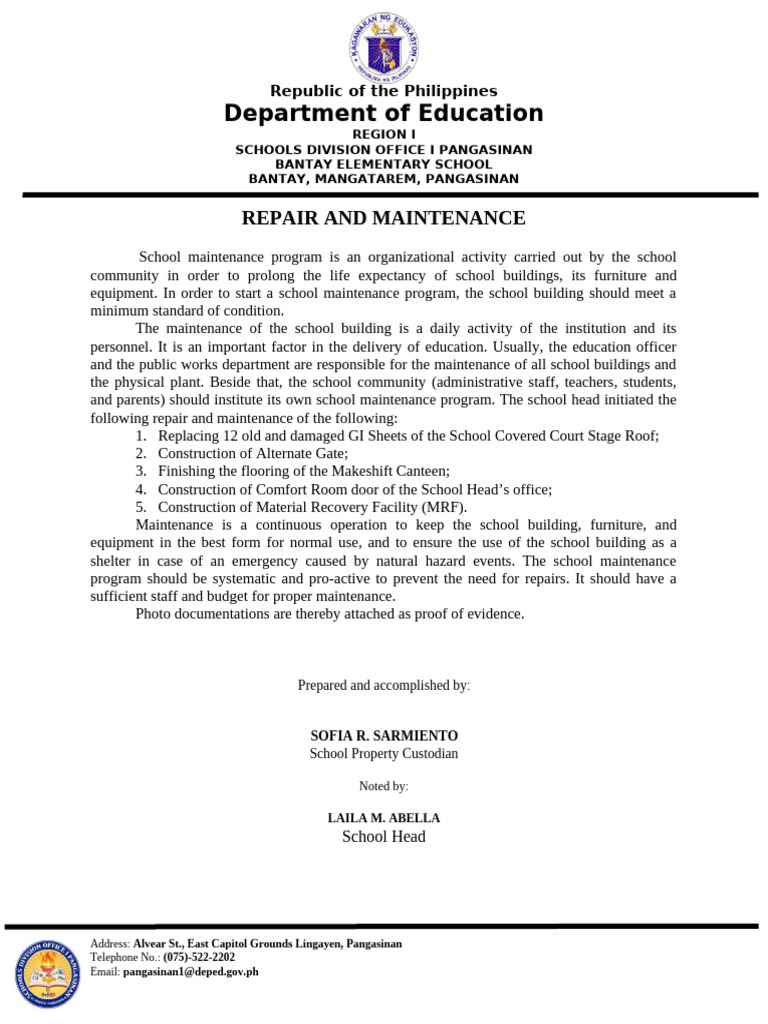Pangasinan School Maintenance Program | PDF | Wellness