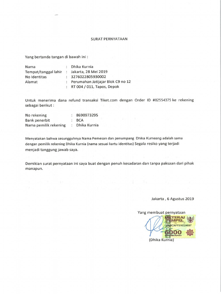 Surat Pernyataan Refund | PDF