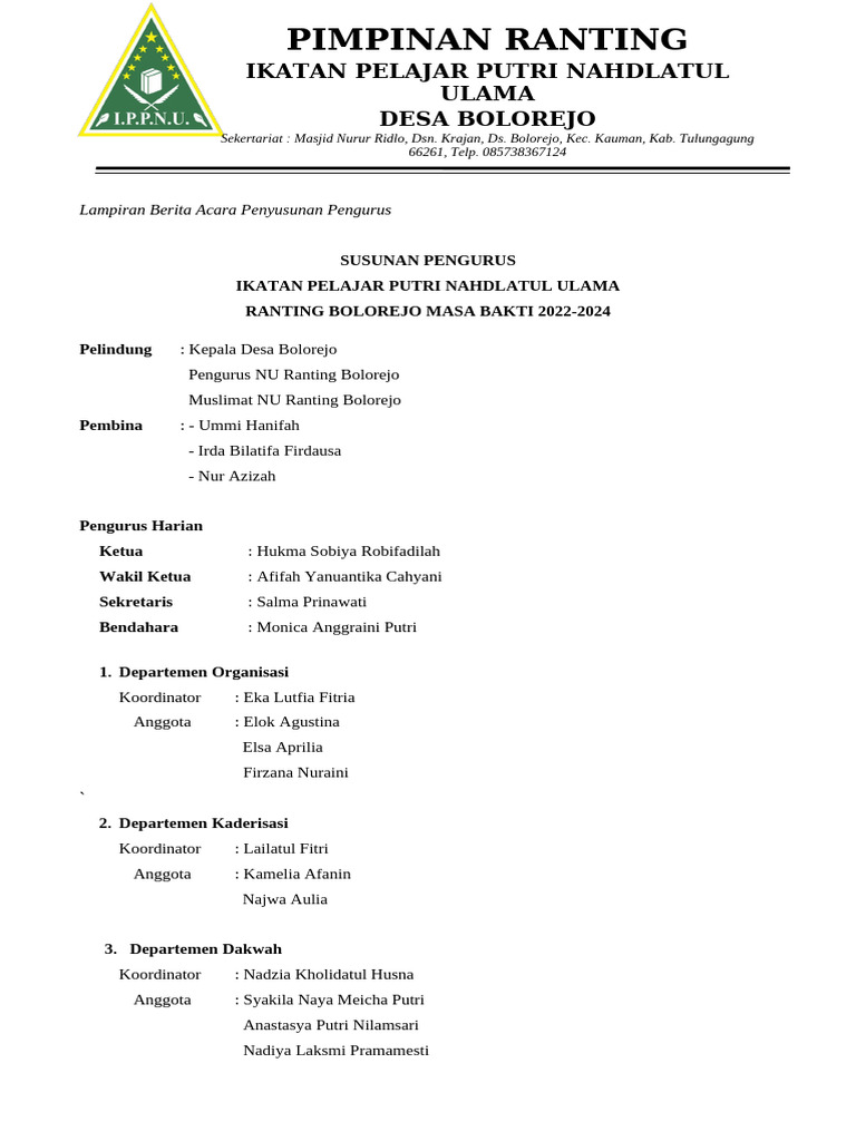 PR IPPNU BOLOREJO Susunan Pengurus | PDF