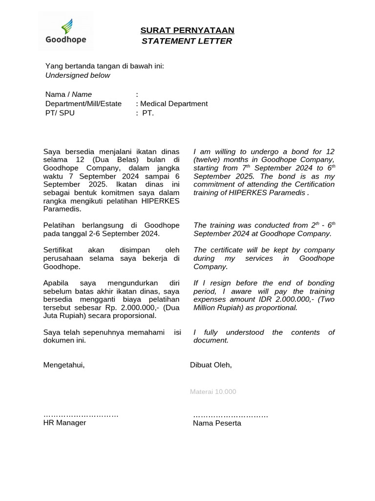 Bonding Letter - Hiperkes Paramedis | PDF