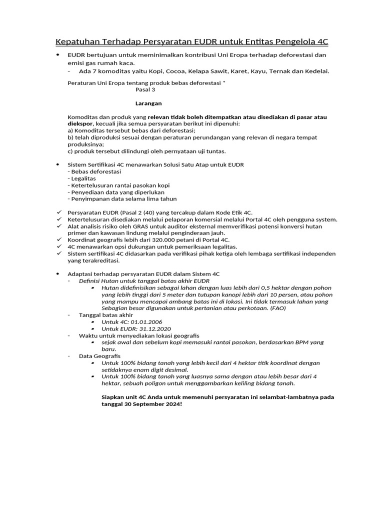 Kepatuhan Terhadap Persyaratan EUDR Untuk Entitas Pengelola 4C | PDF