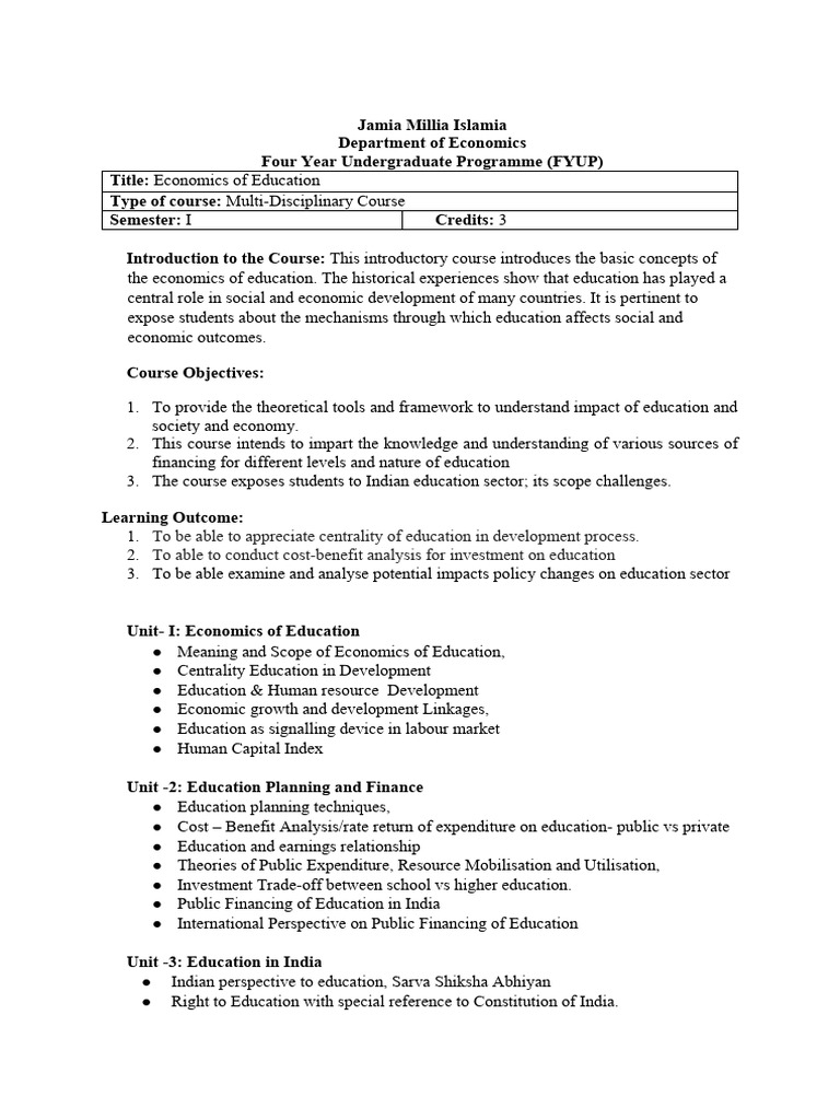 Syllabus - Economics of Education Ist Sem For FYUG | PDF