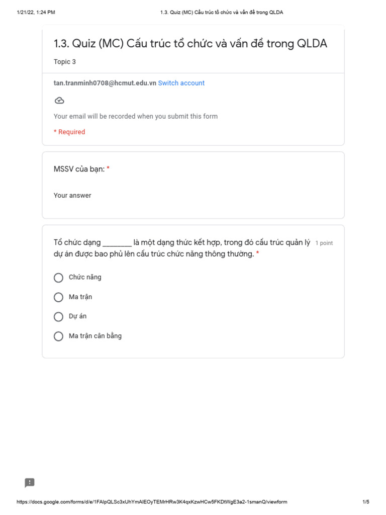 1.3. Quiz (MC) Cấu trúc tổ chức và vấn đề trong QLDA | PDF