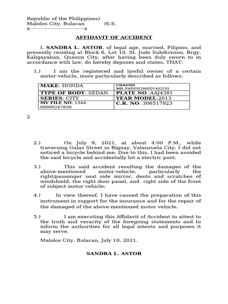Affidavit of Accident Astor | PDF