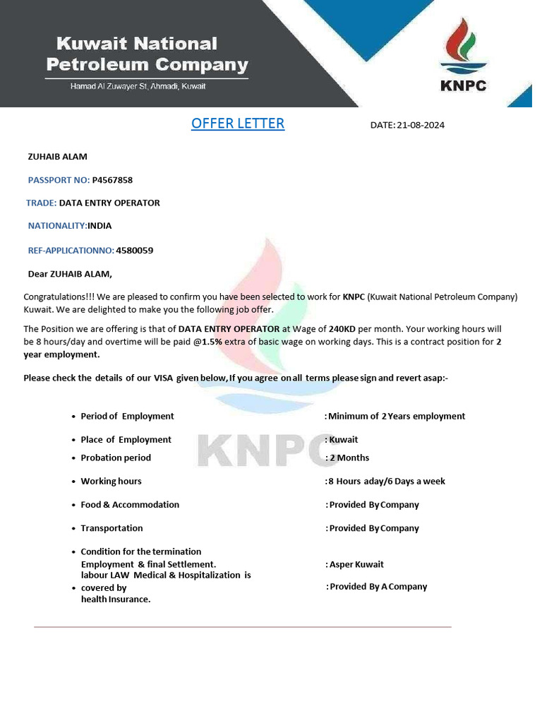 KNPC KUWAIT OFFER LETTER ZUHAIB ALAM | PDF