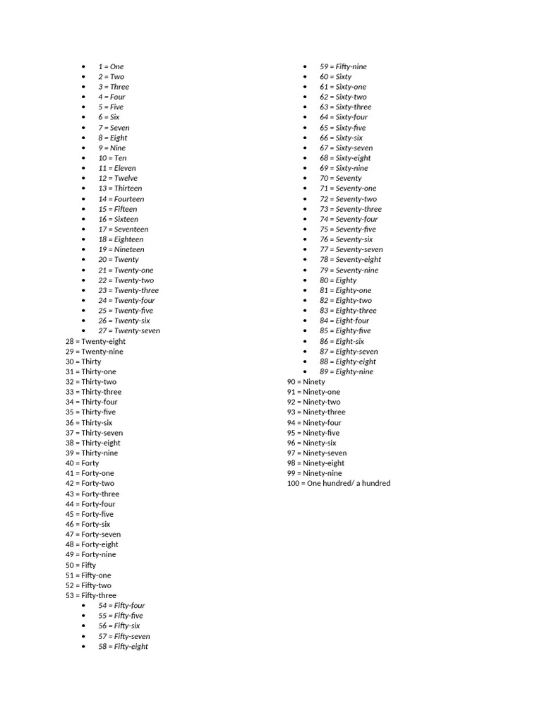 Angka 1 - 100 Dalam Bahasa Inggris | PDF