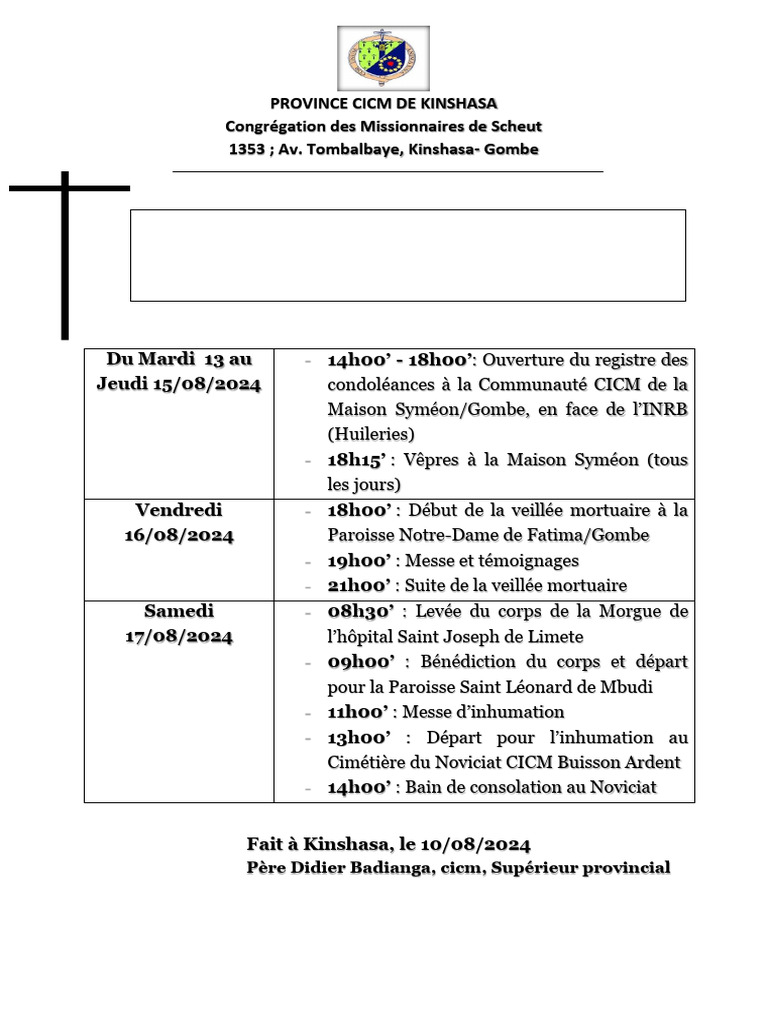Programme Des Obsèques Du Père Lingbelou Ambwa Wa Esengo Frédéric, Cicm ...