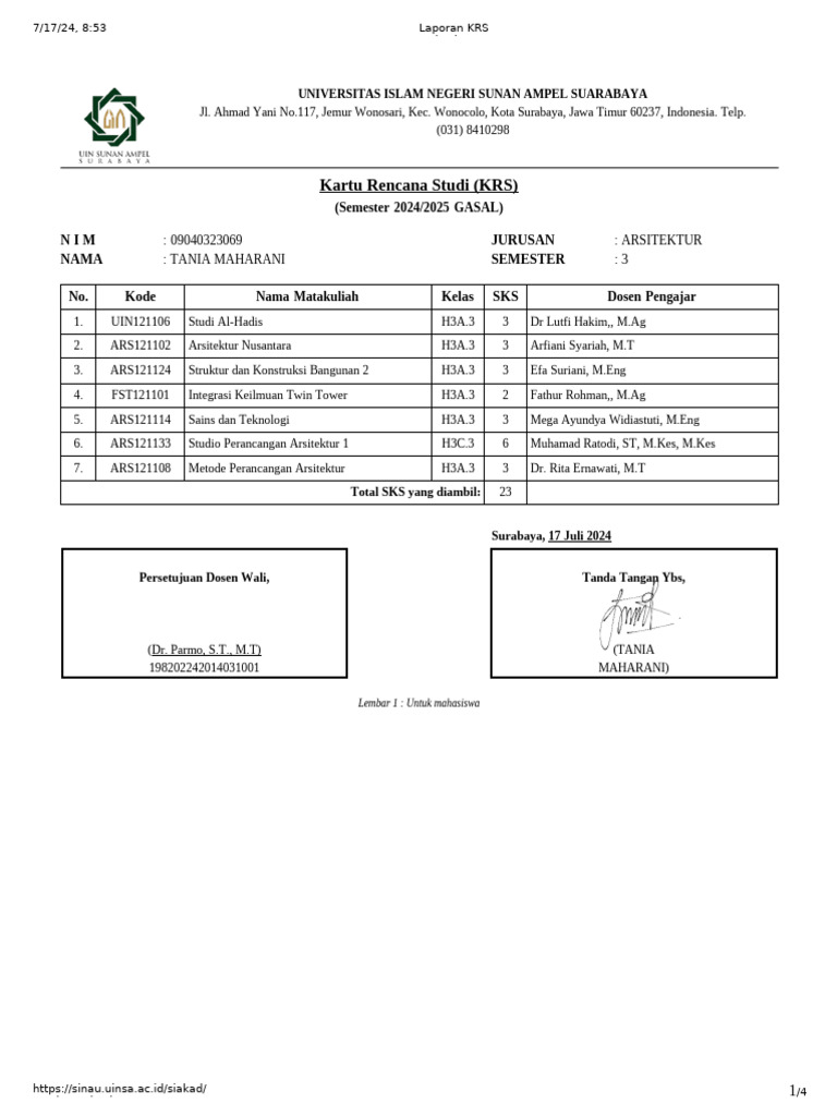 Tania Maharani - 09040323069 - Laporan Krs Mahasiswa Sem 3 | PDF