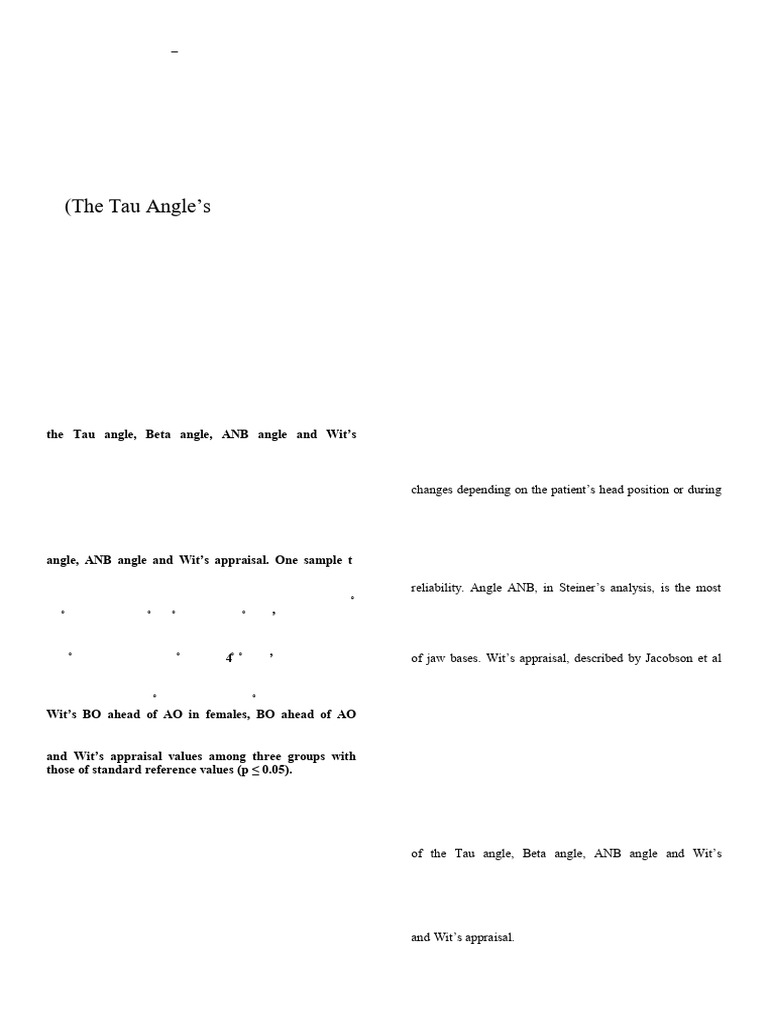 The Tau Angle, Beta Angle, ANB Angle and Wits Appraisal in Assessing ...