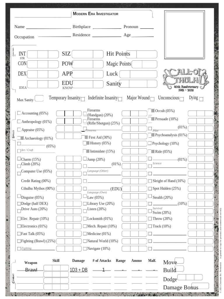 CoC7 PC Sheet - Auto-Fill - Modern - Standard - Grayscale | PDF