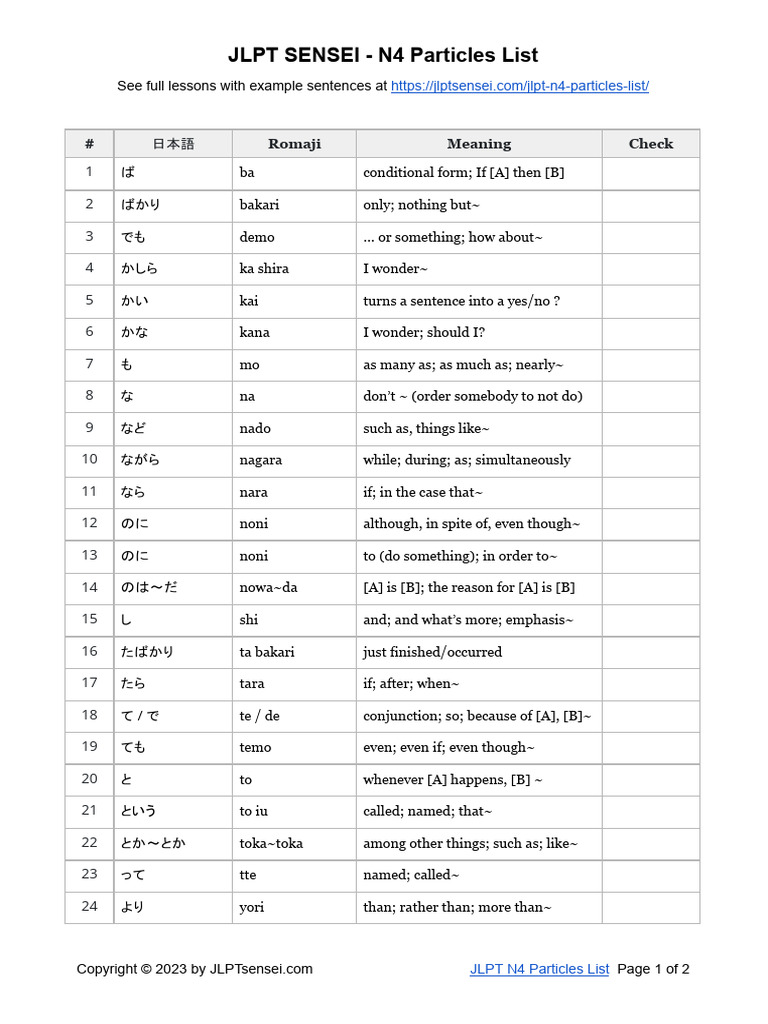 N4 Vocabulary - Particles List | PDF
