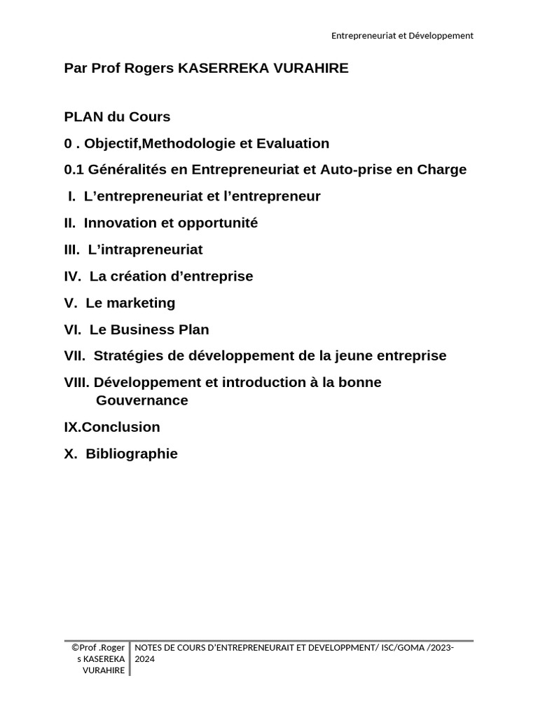 Cours Entrepreneuriat ISC Goma | PDF | Business | Finance & Money ...