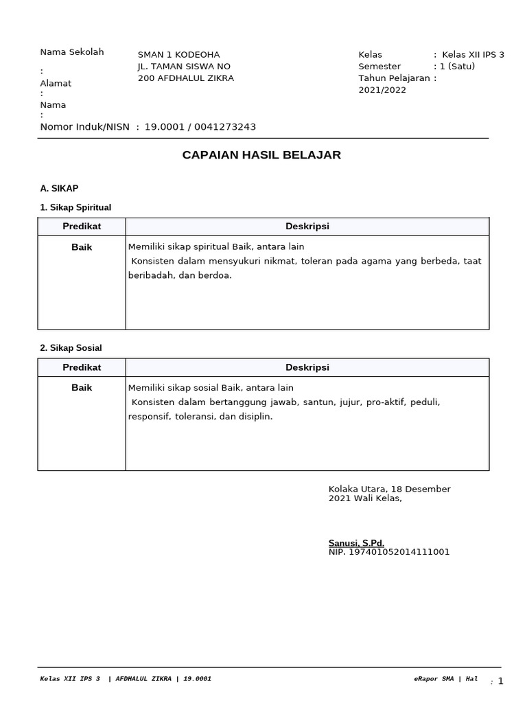 Rapor - Kelas XII IPS 3 - 20211 | PDF