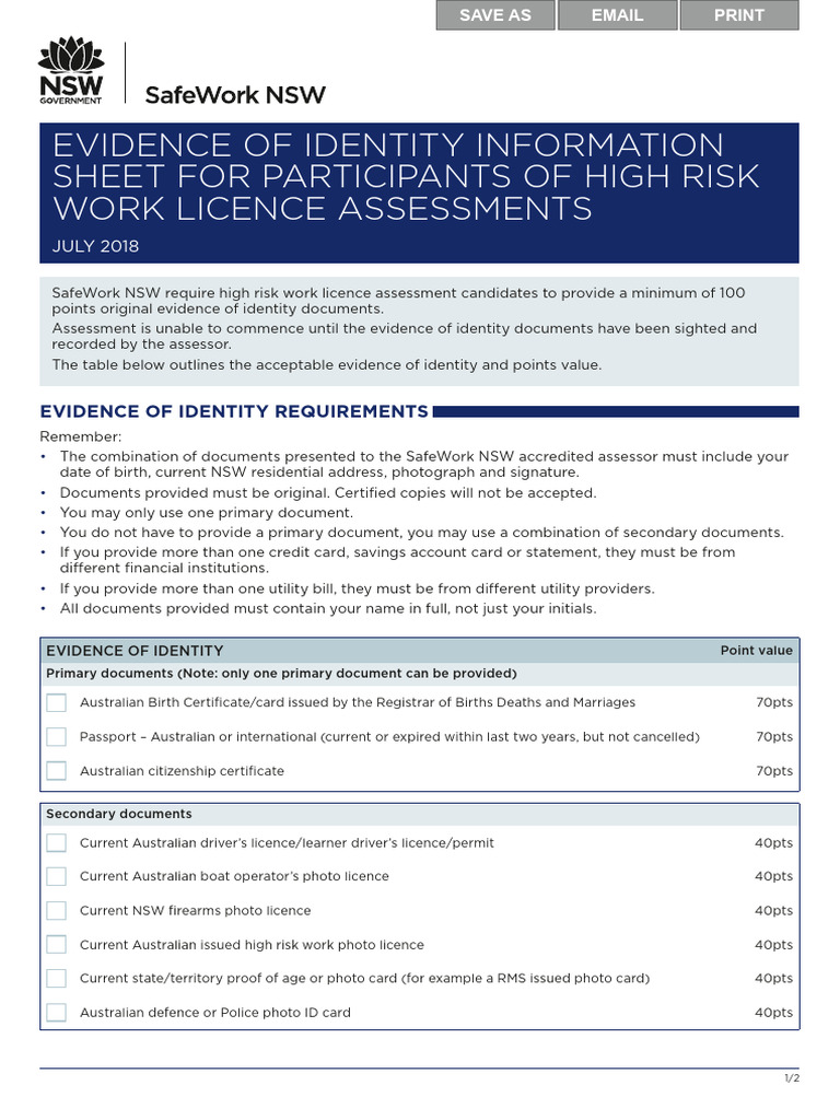 SafeWork NSW HRW Identification Requirements.v1.0 | PDF