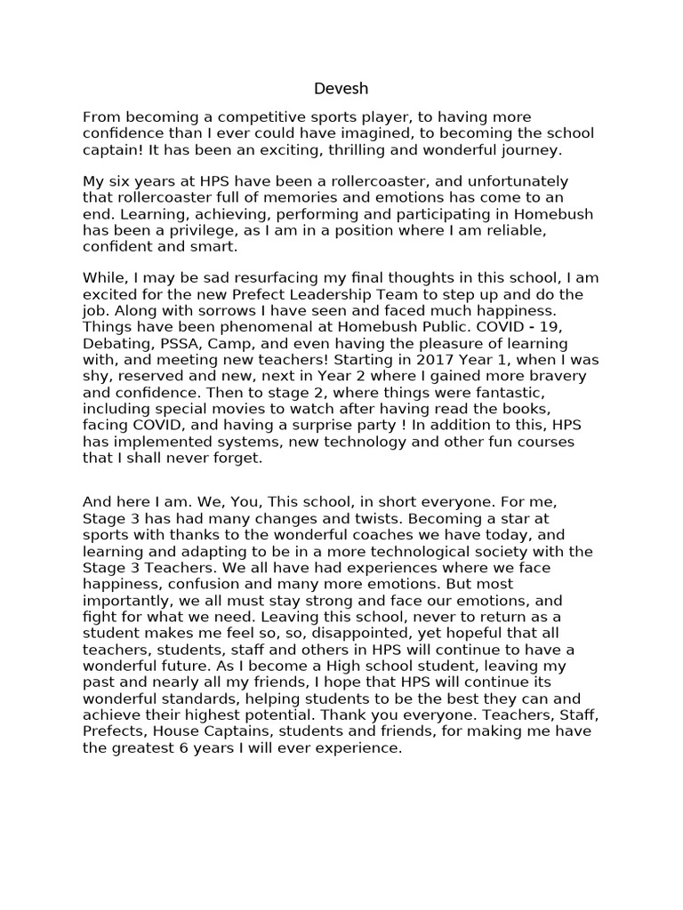 School Captain Speech | PDF | Wellness