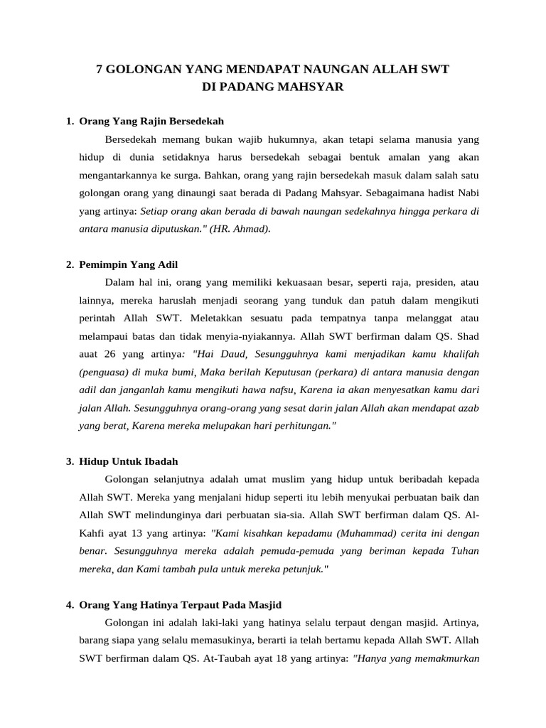 7 Golongan Yang Mendapat Naungan Allah SWT | PDF