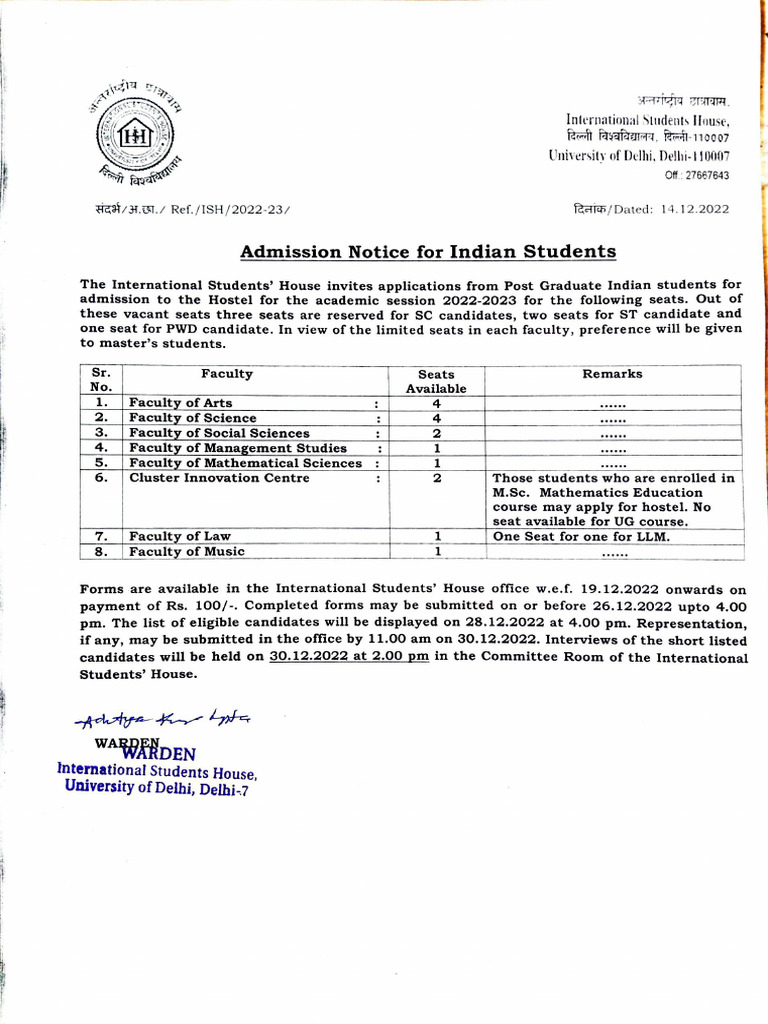 Admission Notice For Indian Student 1 | PDF