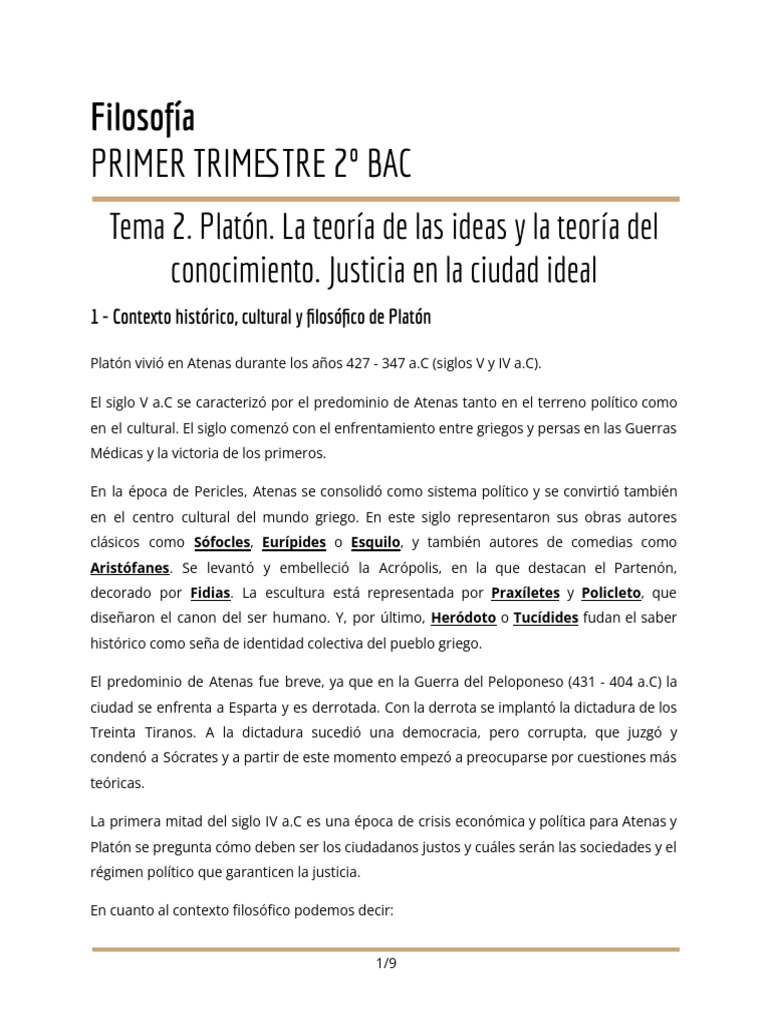 2º BACH Historia de la Filosofía Teoría Tema 2 | PDF