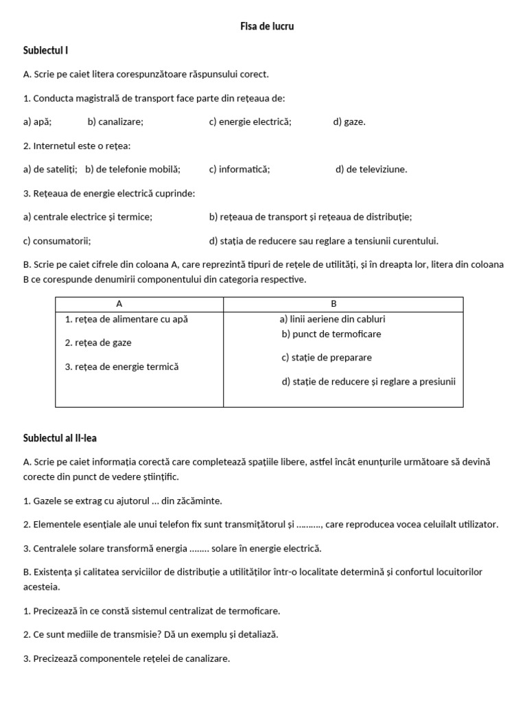 Fisa de Lucru cls.6 Retele de Utilitati | PDF