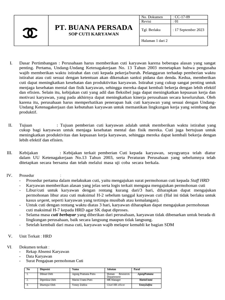 TUGAS SOP KEBIJAKAN ADMINISTRASI MSDM (CUTI PEKERJA) - Agung Pramana Putra | PDF