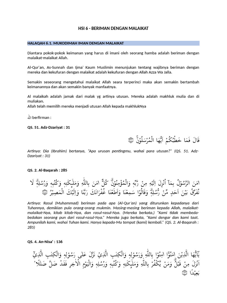 Halaqoh Silsilah Ke 6 - Beriman Dengan Malaikat | PDF