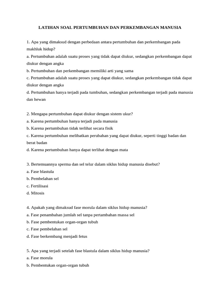 Latihan Soal Pertumbuhan Dan Perkembangan Manusia | PDF