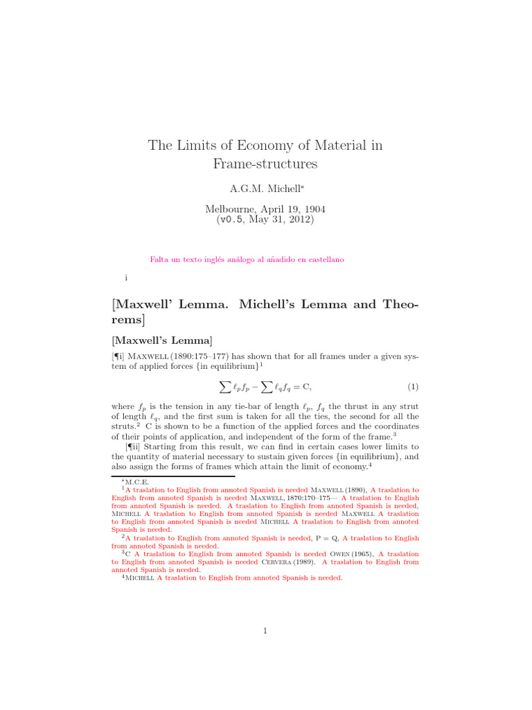 Michell - The Limits of Economy of Material in Frame-Structures | PDF