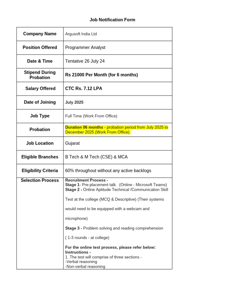 Argusoft Job Notification Form | PDF | Business | Business