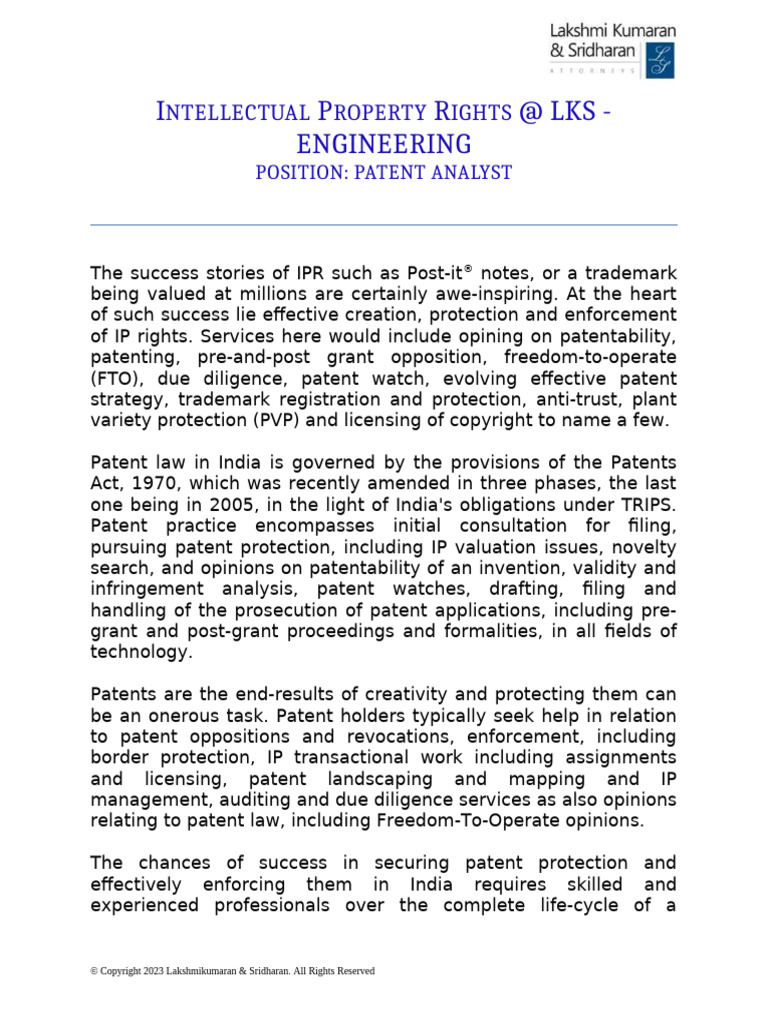 JD-Patent Engineer - IPR-Engineering | PDF | Intellectual Property ...