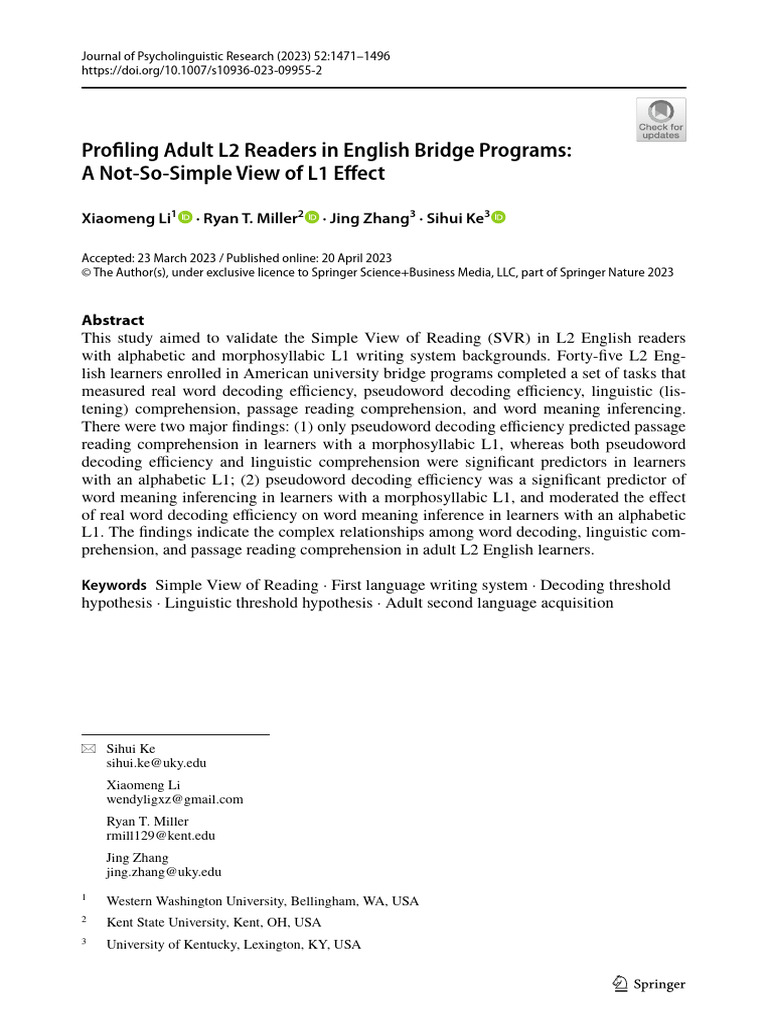 Profiling Adult L2 Readers in English Bridge Programs: A Not So Simple View of L1 Effect | PDF