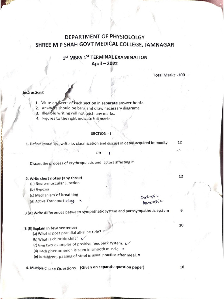 1st Year Physio Paper Mpsmc. WD | PDF