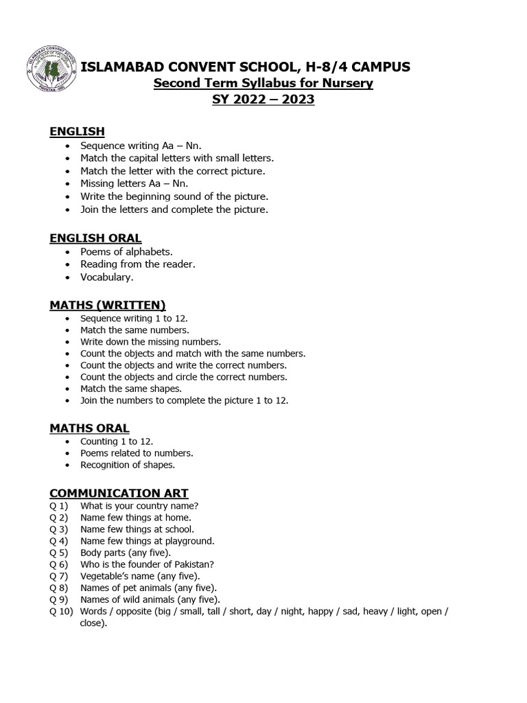 Nursery-Syllabus for 2nd Term | PDF