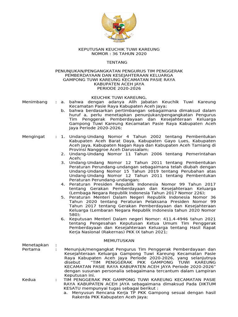 SK PKK Tahun 2020 Gampong Tuwi Kareung | PDF